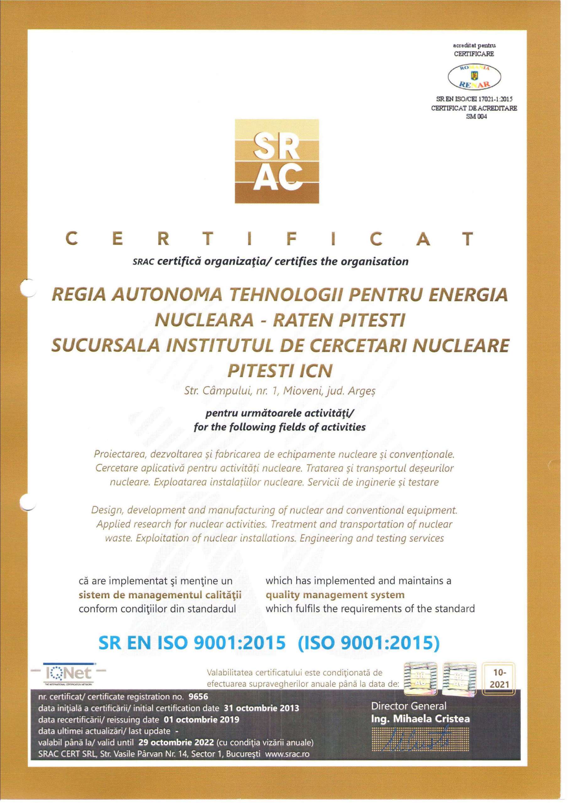 Certificari pentru Sistemul de Management Integrat RATEN ICN - ICN-Pitesti