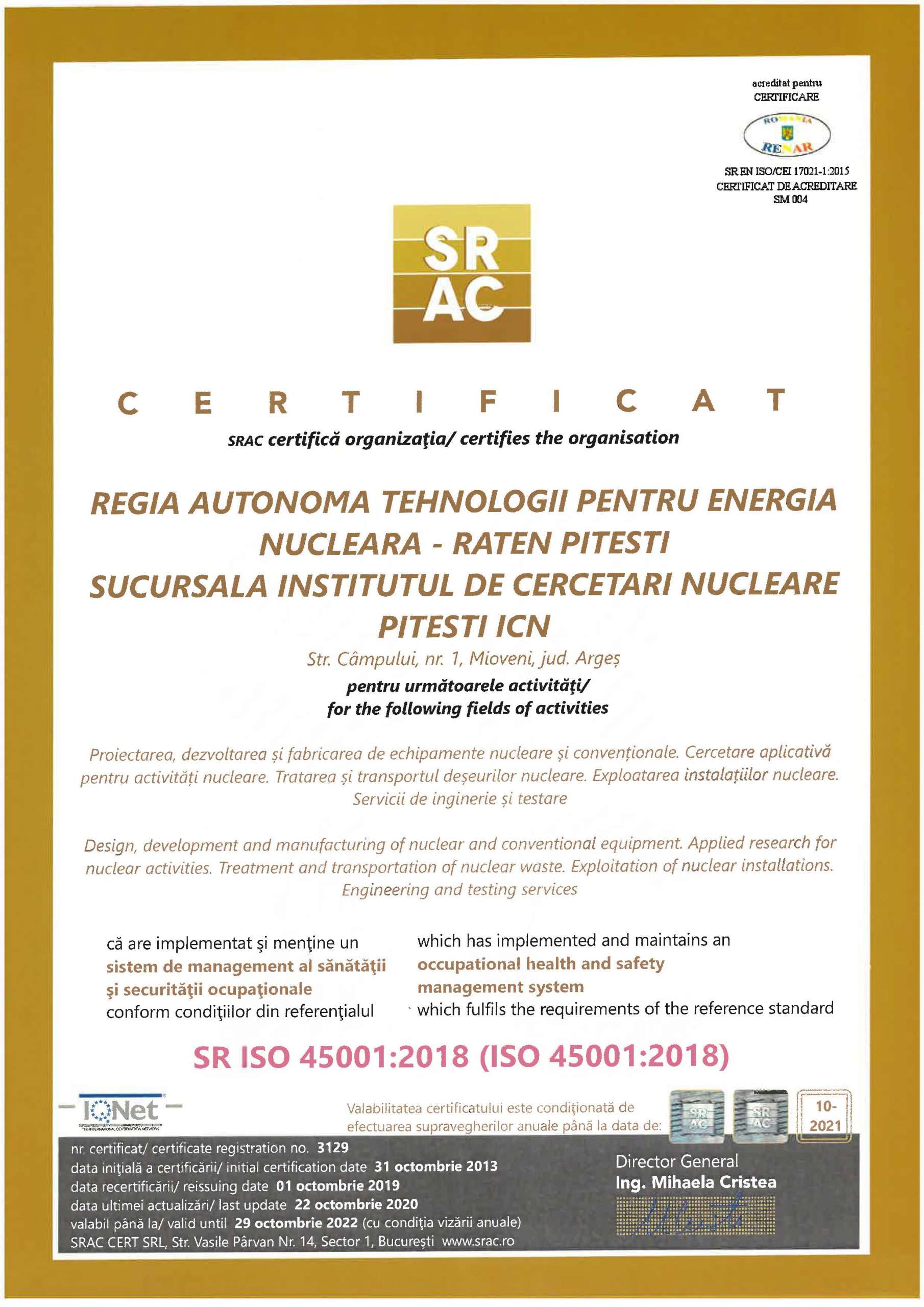 Certificari pentru Sistemul de Management Integrat RATEN ICN - ICN-Pitesti