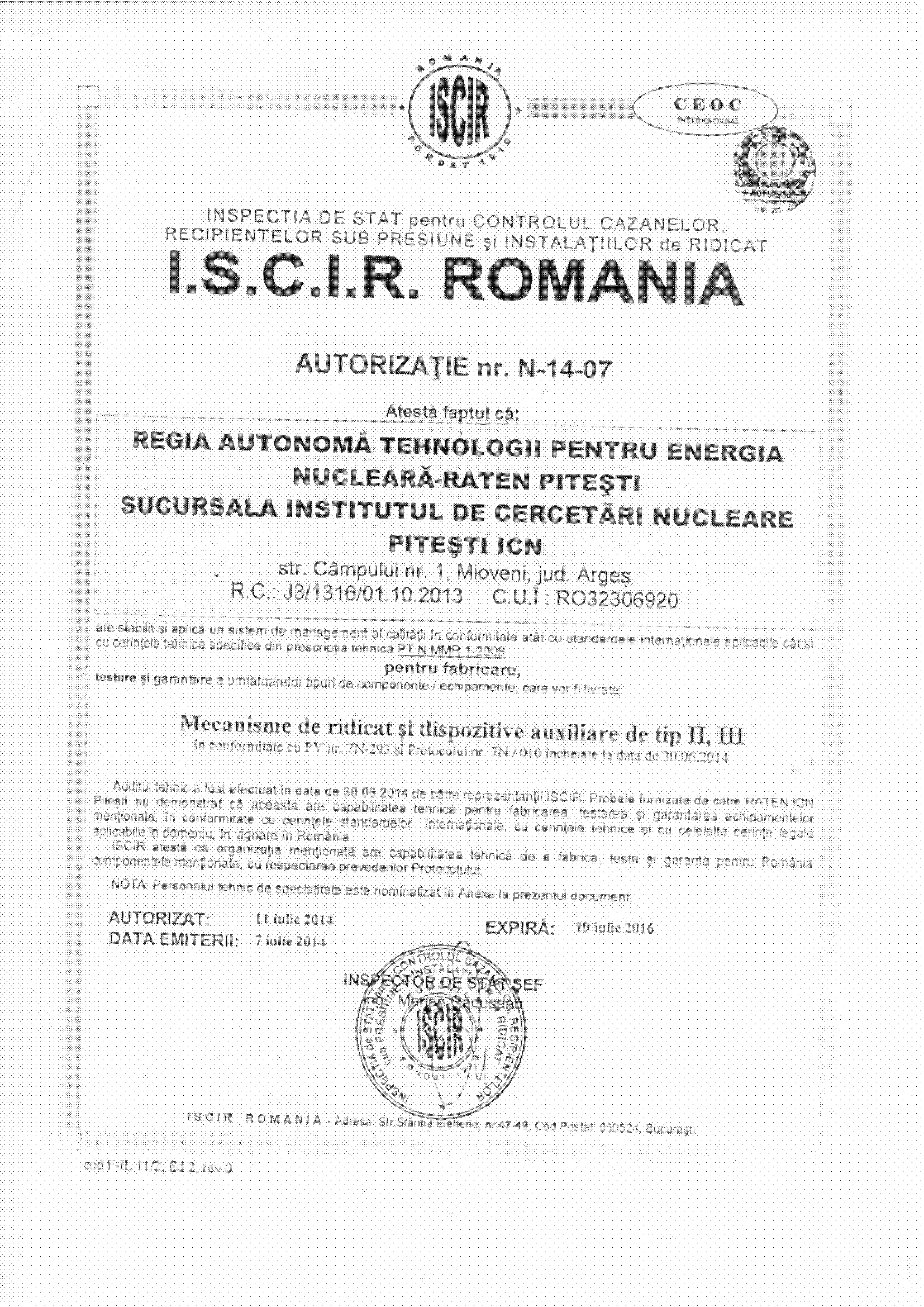 AUTORIZATII emise de Inspectia de Stat pentru Controlul Cazanelor ...